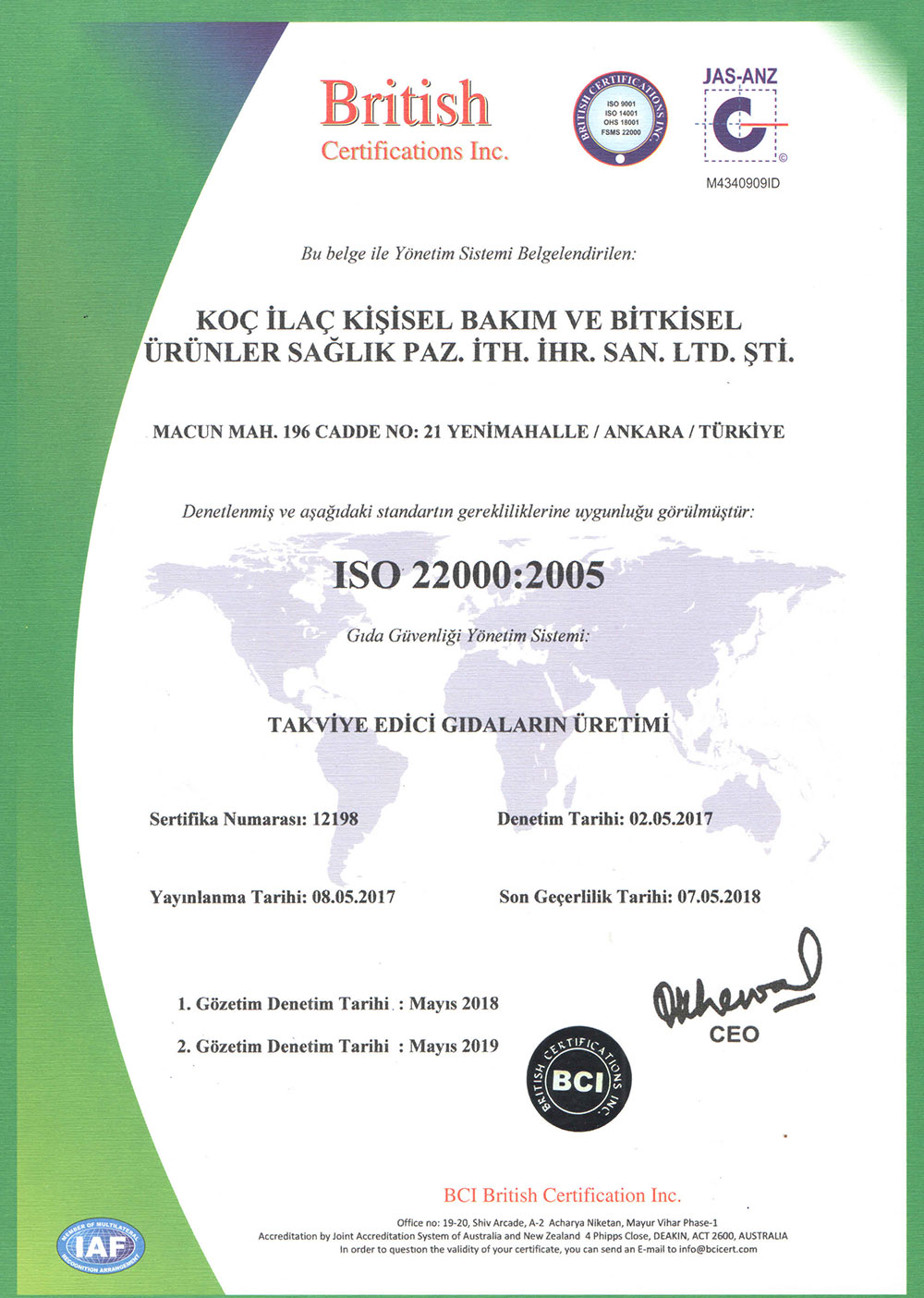 Koç İlaç our certificates