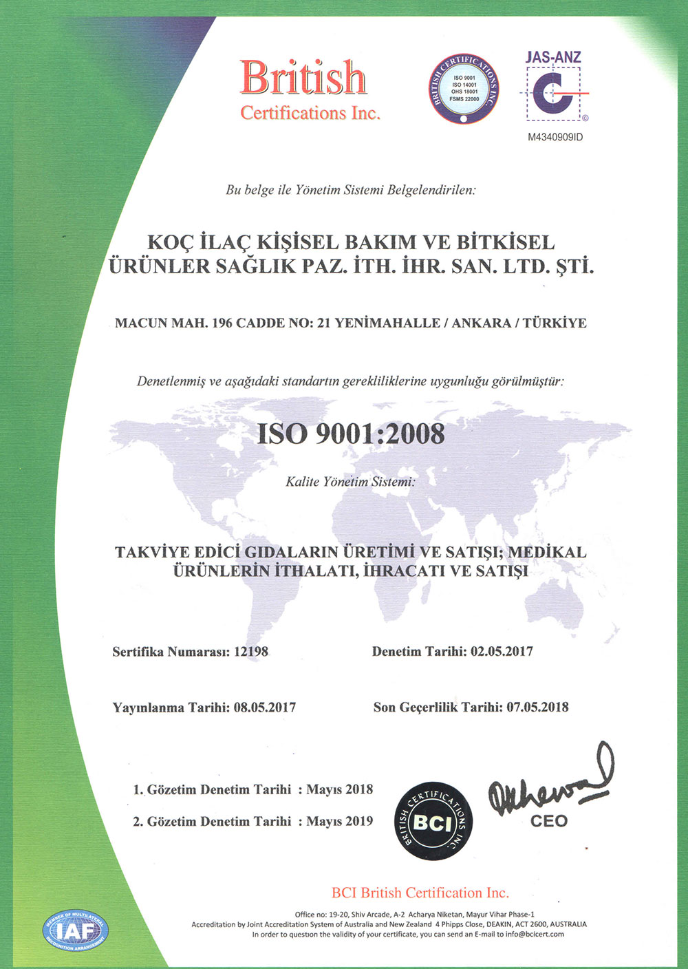 Koç İlaç our certificates